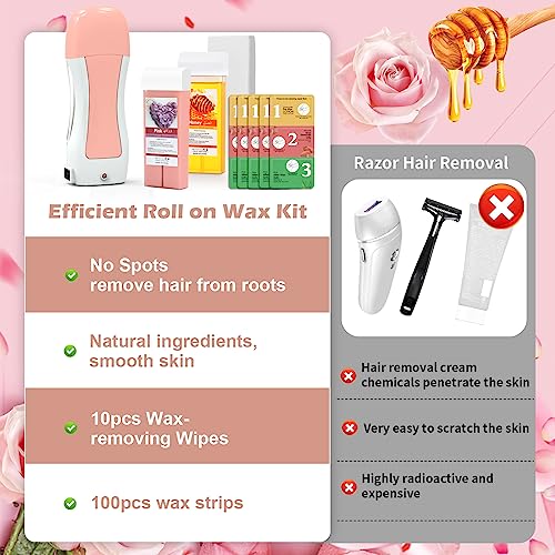 Roll On Waxing Kit, Depilatory Roll On Wax Warmer for Hair Removal with 2 Tea Tree Cartridge Refill 10 Wax-removing Wipes and 100pcs Wax Strips, (Pink) (Pink)