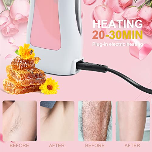 Roll On Waxing Kit, Depilatory Roll On Wax Warmer for Hair Removal with 2 Tea Tree Cartridge Refill 10 Wax-removing Wipes and 100pcs Wax Strips, (Pink) (Pink)