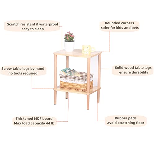 LUCKNOCK Side Table, 2-Tier Solid Wood End Table with Storage Shelf, Slim Nightstand Bedside Table for Small Spaces, Bedroom, Living Room, Entryway, Farmhouse, No-Tool Assembly.