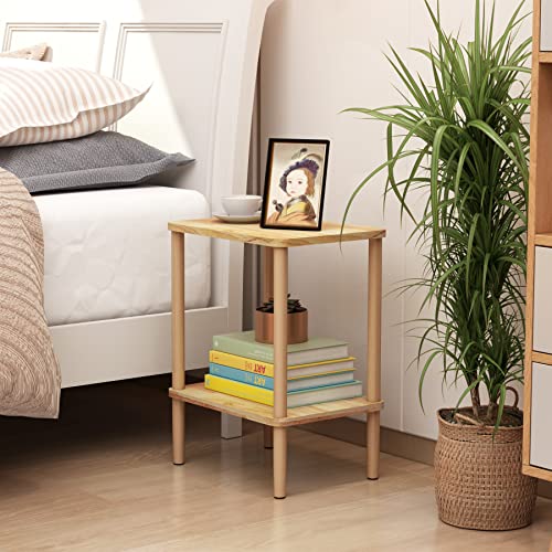 LUCKNOCK Side Table, 2-Tier Solid Wood End Table with Storage Shelf, Slim Nightstand Bedside Table for Small Spaces, Bedroom, Living Room, Entryway, Farmhouse, No-Tool Assembly.