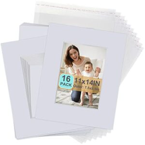 acid free 16 pack 11 x 14 white pre-cut picture mat board show kit for 8 x 10 photos,artworks,prints,includes 16pcs core bevel cut matts & 16 pcs backing board &16pcs clear bags