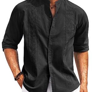 COOFANDY Mens Casual Button Up Shirt Cuban Beach Shirt Band Collar Summer Shirt, Black, X-Large, Long Sleeve