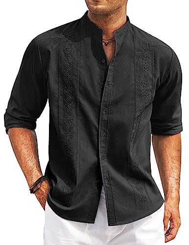 COOFANDY Mens Casual Button Up Shirt Cuban Beach Shirt Band Collar Summer Shirt, Black, X-Large, Long Sleeve