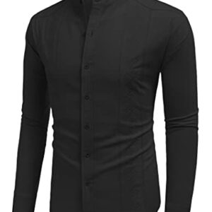 COOFANDY Mens Casual Button Up Shirt Cuban Beach Shirt Band Collar Summer Shirt, Black, X-Large, Long Sleeve