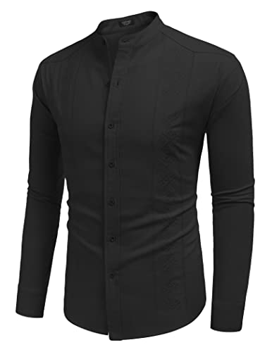 COOFANDY Mens Casual Button Up Shirt Cuban Beach Shirt Band Collar Summer Shirt, Black, X-Large, Long Sleeve