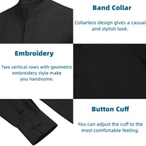 COOFANDY Mens Casual Button Up Shirt Cuban Beach Shirt Band Collar Summer Shirt, Black, X-Large, Long Sleeve