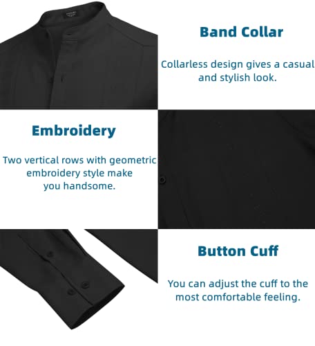 COOFANDY Mens Casual Button Up Shirt Cuban Beach Shirt Band Collar Summer Shirt, Black, X-Large, Long Sleeve