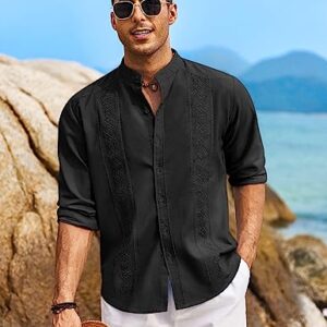 COOFANDY Mens Casual Button Up Shirt Cuban Beach Shirt Band Collar Summer Shirt, Black, X-Large, Long Sleeve