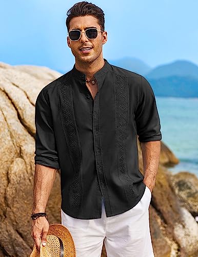 COOFANDY Mens Casual Button Up Shirt Cuban Beach Shirt Band Collar Summer Shirt, Black, X-Large, Long Sleeve