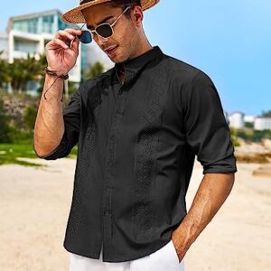 COOFANDY Mens Casual Button Up Shirt Cuban Beach Shirt Band Collar Summer Shirt, Black, X-Large, Long Sleeve