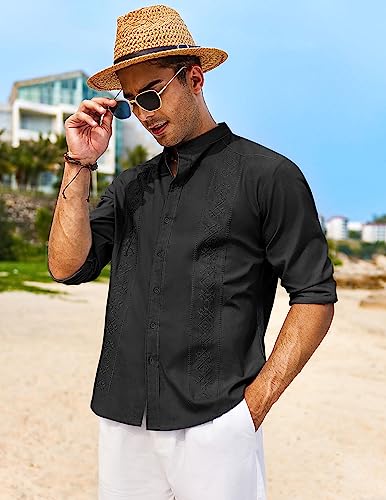 COOFANDY Mens Casual Button Up Shirt Cuban Beach Shirt Band Collar Summer Shirt, Black, X-Large, Long Sleeve