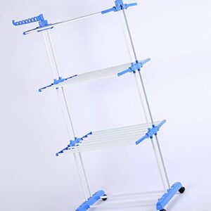 mumisuto Clothes Drying Rack, 3 Tier Folding Clothes Rail Movable Rolling Laundry Dryer with Hanging Rods Heavy Duty Cloth Drying Stand for Drying Clothes Towels Bed Linen(Blue)