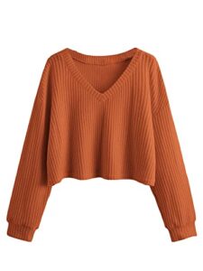 soly hux women's plus size long sleeve crop tops v neck pullover drop shoulder t shirts waffle knit tees pure orange 4xl