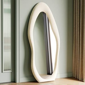 honyee full length mirror, 63" x 24" wall mirror, flannel wrapped wooden frame full body mirror, irregular wavy mirror hanging or leaning against wall for cloakroom/bedroom/living room, white