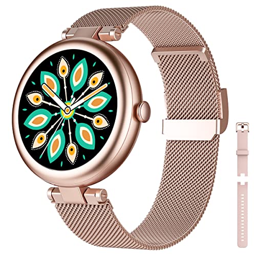 Smart Watch for Women IP68 Waterproof, Round Women's Watch for iOS Android Phones Fitness Tracker Smartwatch with Heart Rate Monitor Steps/Sleep Tracker Slim Gold (Sport & Metal Bands Included), LYNN