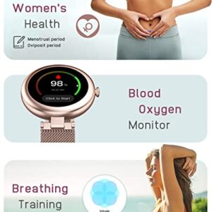 Smart Watch for Women IP68 Waterproof, Round Women's Watch for iOS Android Phones Fitness Tracker Smartwatch with Heart Rate Monitor Steps/Sleep Tracker Slim Gold (Sport & Metal Bands Included), LYNN