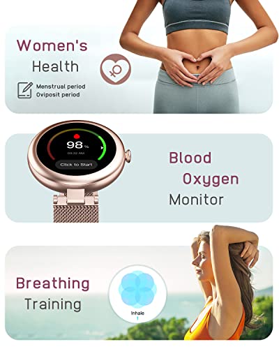 Smart Watch for Women IP68 Waterproof, Round Women's Watch for iOS Android Phones Fitness Tracker Smartwatch with Heart Rate Monitor Steps/Sleep Tracker Slim Gold (Sport & Metal Bands Included), LYNN