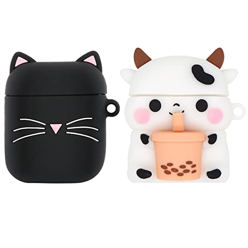 Megantree 2 Pack Cute Boba Tea Cow Airpods Case, Whisker Cat Airpods 2 Case, Funny 3D Cartoon Animal Cat Kitty Shockproof Soft Silicone Case with Carabiner for Airpods 1st Generation, 2nd Generation