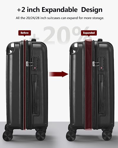 SunnyTour Expandable Luggage Sets with Double Spinner Wheels, 3 Piece Hard Suitcase Set for Short Trips and Long Travel, Black