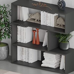 JV Home Molly Bookshelf Stylish Bookcase 3 Tier Shelving Storage Plant Stand Low Book Shelf Shelves Case Etagere de Rangement for Living Room Kitchen Laundry Bedroom 37x35 Inch (Dark Grey)