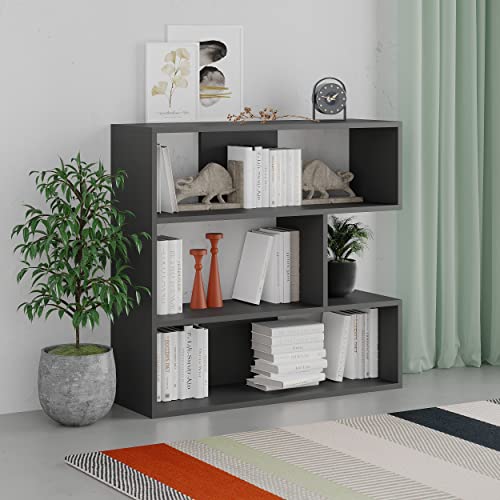 JV Home Molly Bookshelf Stylish Bookcase 3 Tier Shelving Storage Plant Stand Low Book Shelf Shelves Case Etagere de Rangement for Living Room Kitchen Laundry Bedroom 37x35 Inch (Dark Grey)