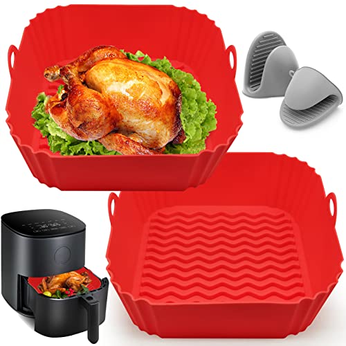 Air Fryer Silicone Liners, 8'' Square 4 to 8 QT Food Grade Heat Resistant Reusable Airfryer Silicone Liners Inserts Baskets Accessories with Mitts for Instant Vortex COSORI Air Fryer Oven Microwave