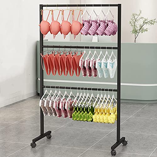 Retail Store Garment Rack Clothing Hanger, Underwear Panty Rack Shorts Display Bra Stand, Clothes Organizer with Wheels and 3- Tier Shelves, for Bedroom/Boutique/Cloth Store Metal Pipe Hanging Rack