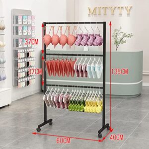 Retail Store Garment Rack Clothing Hanger, Underwear Panty Rack Shorts Display Bra Stand, Clothes Organizer with Wheels and 3- Tier Shelves, for Bedroom/Boutique/Cloth Store Metal Pipe Hanging Rack