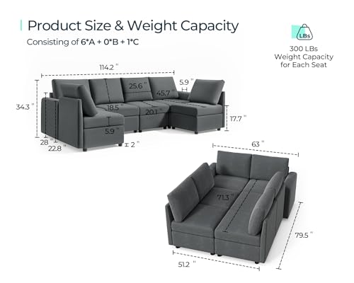 LINSY HOME Modular Sofa, Sectional Couch U Shaped Sofa Couch with Storage, Memory Foam, 6 Seat Modular Sectionals Sofa Couch with Chaise for Living Room, Dark Grey