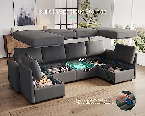 LINSY HOME Modular Sofa, Sectional Couch U Shaped Sofa Couch with Storage, Memory Foam, 6 Seat Modular Sectionals Sofa Couch with Chaise for Living Room, Dark Grey