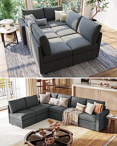 LINSY HOME Modular Sofa, Sectional Couch U Shaped Sofa Couch with Storage, Memory Foam, 6 Seat Modular Sectionals Sofa Couch with Chaise for Living Room, Dark Grey