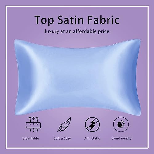 Luxury Satin Silk Pillow Case 2 Pack Pillowcase for Hair and Skin Satin Pillow Covers with Zipper Closure (Standard(20"x26"), Light Blue)