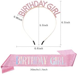 PQRUU Birthday Sash for Women Pink Birthday Girl Sash Glitter Birthday Sash and Tiara for Women Birthday Crowns for Women Happy Birthday Decorations Accessories Rhinestone Birthday Girl Headband