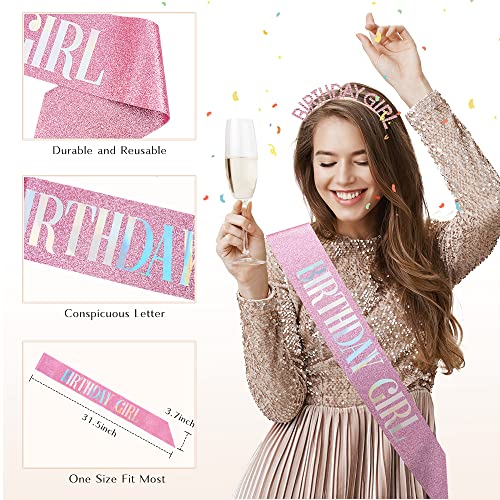 PQRUU Birthday Sash for Women Pink Birthday Girl Sash Glitter Birthday Sash and Tiara for Women Birthday Crowns for Women Happy Birthday Decorations Accessories Rhinestone Birthday Girl Headband