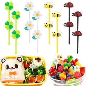 aiersa food picks for kids bento box, 16pcs reusable cute bees, daisy, four leaf clover, ladybug food fruit picks, kids lunch bento box accessories