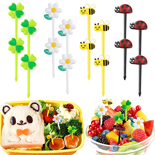 AIERSA Food Picks for Kids Bento Box, 16Pcs Reusable Cute Bees, Daisy, Four Leaf Clover, Ladybug Food Fruit Picks, Kids Lunch Bento Box Accessories