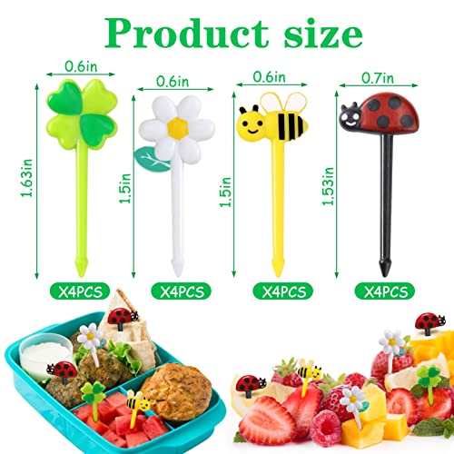 AIERSA Food Picks for Kids Bento Box, 16Pcs Reusable Cute Bees, Daisy, Four Leaf Clover, Ladybug Food Fruit Picks, Kids Lunch Bento Box Accessories