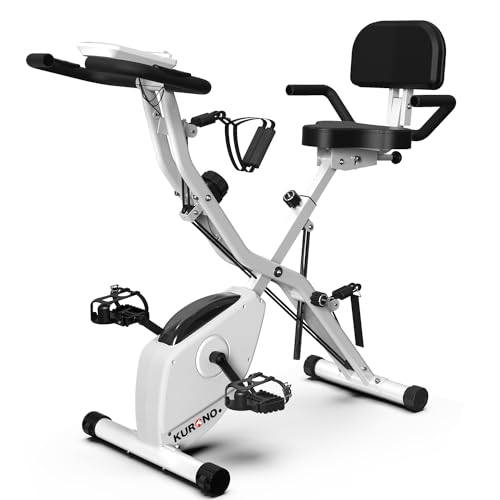 KURONO Stationary Exercise Bike for Home Workout | 4 IN 1 Foldable Indoor Cycling Bike for Seniors | 300 LB Capacity More Magnetic Resistance Seat Backrest Adjustments - White