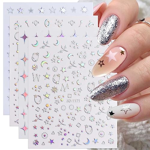 9 Sheets Aurora Holographic Nail Art Stickers Decals Self-Adhesive Pegatinas Uñas Stars Moon Glitter Nail Supplies Nail Art Design Decoration Accessories