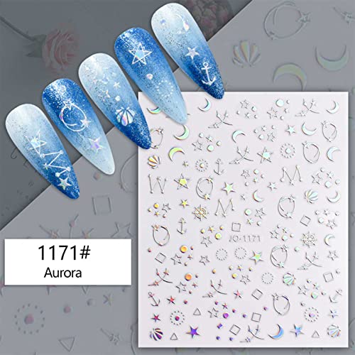 9 Sheets Aurora Holographic Nail Art Stickers Decals Self-Adhesive Pegatinas Uñas Stars Moon Glitter Nail Supplies Nail Art Design Decoration Accessories