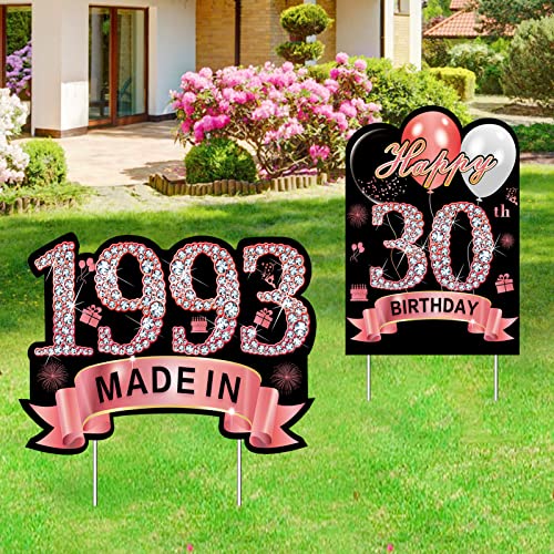 2Pcs Rose Gold 30th Birthday Yard Sign Decorations for Girls, Happy 30th Birthday Made in 1993 Lawn Sign Party Supplies, Thirty Year Old Birthday Outdoor Yard Decor with Stakes