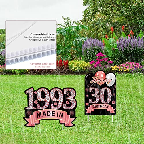 2Pcs Rose Gold 30th Birthday Yard Sign Decorations for Girls, Happy 30th Birthday Made in 1993 Lawn Sign Party Supplies, Thirty Year Old Birthday Outdoor Yard Decor with Stakes