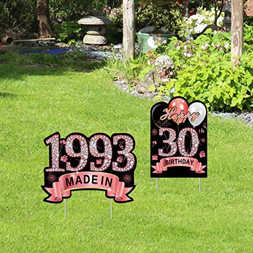 2Pcs Rose Gold 30th Birthday Yard Sign Decorations for Girls, Happy 30th Birthday Made in 1993 Lawn Sign Party Supplies, Thirty Year Old Birthday Outdoor Yard Decor with Stakes