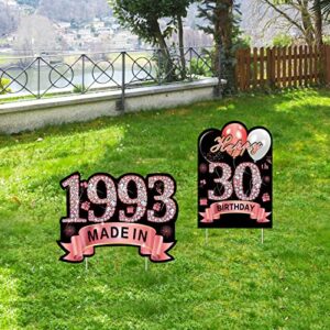 2Pcs Rose Gold 30th Birthday Yard Sign Decorations for Girls, Happy 30th Birthday Made in 1993 Lawn Sign Party Supplies, Thirty Year Old Birthday Outdoor Yard Decor with Stakes