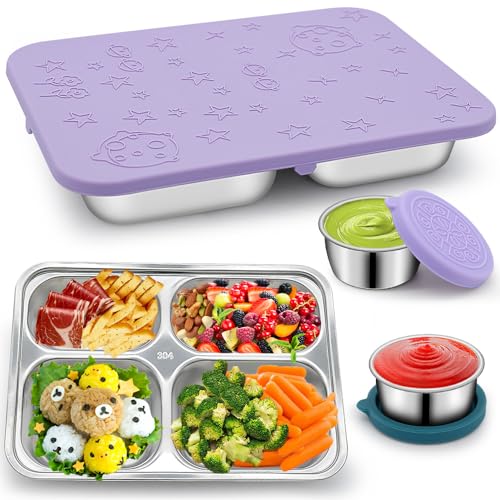 Bento Lunch Box Stainless Steel Lunch Container for Kids,Reusable 4 Compartments Metal Lunch Boxes Leakproof Food Meal Prep Lunch Containers for Kids,2P Dip Containers,Dishwasher,Freezer Safe,BPA-Free