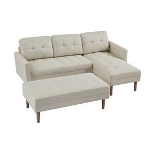 Modern Sectional Sofa Bed, L-Shape Sofa Chaise Lounge with Ottoman Bench for Living Room (Cream White Fabric)