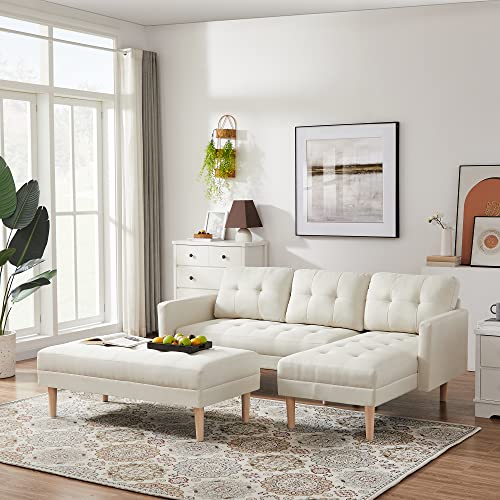 Modern Sectional Sofa Bed, L-Shape Sofa Chaise Lounge with Ottoman Bench for Living Room (Cream White Fabric)