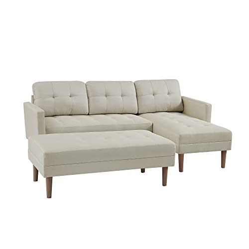 Modern Sectional Sofa Bed, L-Shape Sofa Chaise Lounge with Ottoman Bench for Living Room (Cream White Fabric)