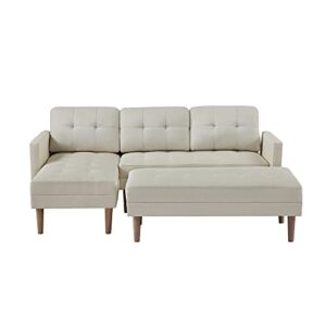 Modern Sectional Sofa Bed, L-Shape Sofa Chaise Lounge with Ottoman Bench for Living Room (Cream White Fabric)