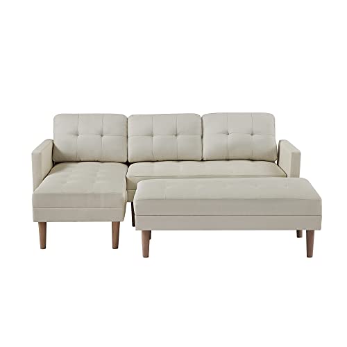 Modern Sectional Sofa Bed, L-Shape Sofa Chaise Lounge with Ottoman Bench for Living Room (Cream White Fabric)